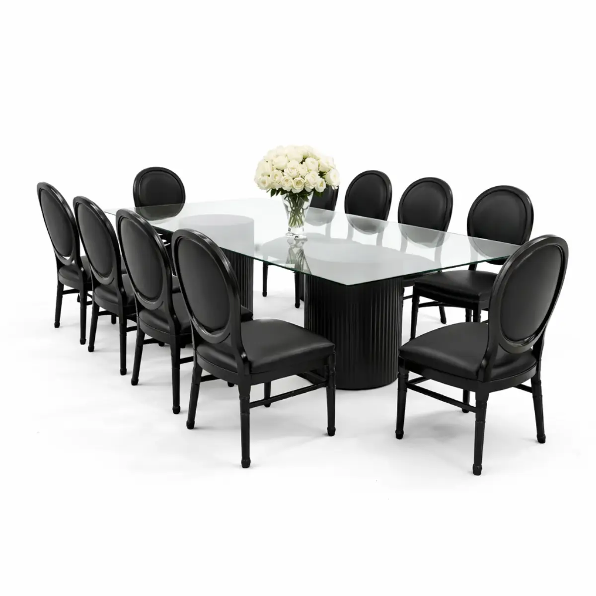 Cora Glass Dining Table Black Base and Black Dior Chairs Rental - Event ...