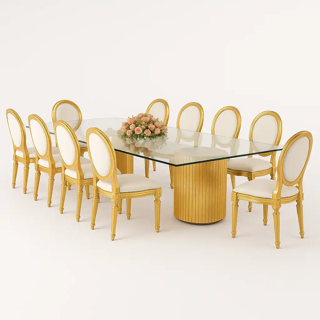 Cora Glass Dining Table With Dior Wooden Gold Chairs Rentals - Event Souk